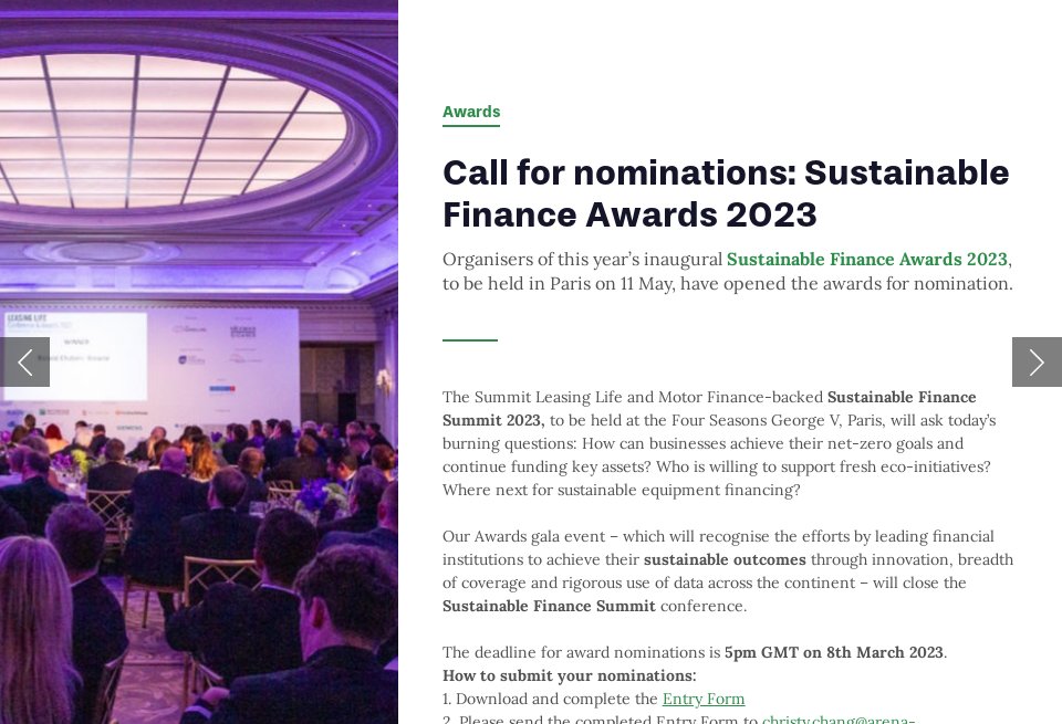 Call for nominations: Sustainable Finance Awards 2023 - Leasing Life ...